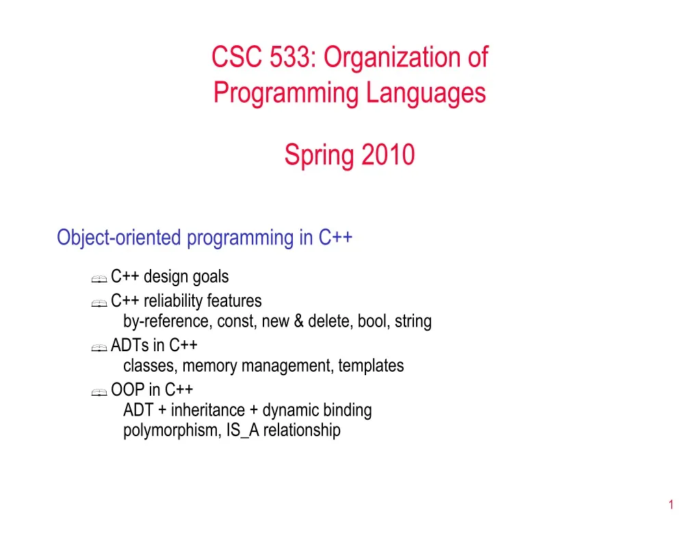 PPT - CSC 533: Organization of Programming Languages Spring 2010 PowerPoint Presentation - ID ...