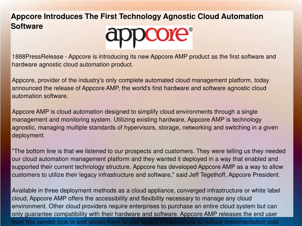 PPT - Appcore Introduces The First Technology Agnostic Cloud Autom PowerPoint Presentation - ID ...
