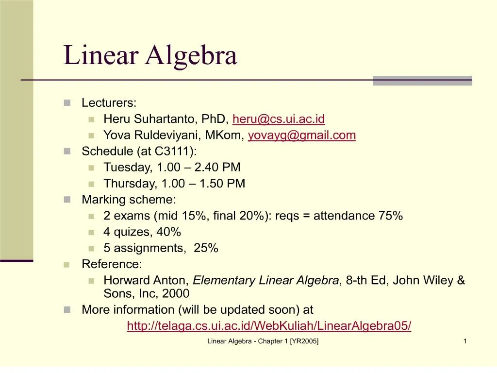 PPT - linear algebra - chapter 1 [yr2005] PowerPoint Presentation, free ...