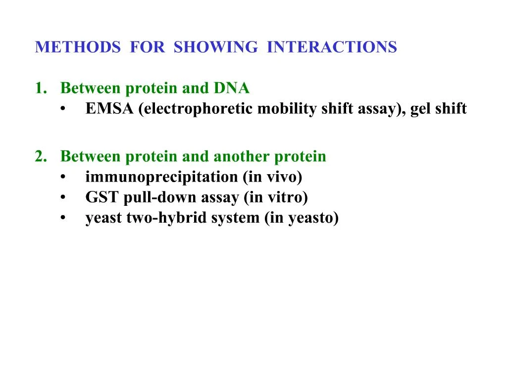 PPT - METHODS FOR SHOWING INTERACTIONS 1. Between protein and DNA EMSA ...