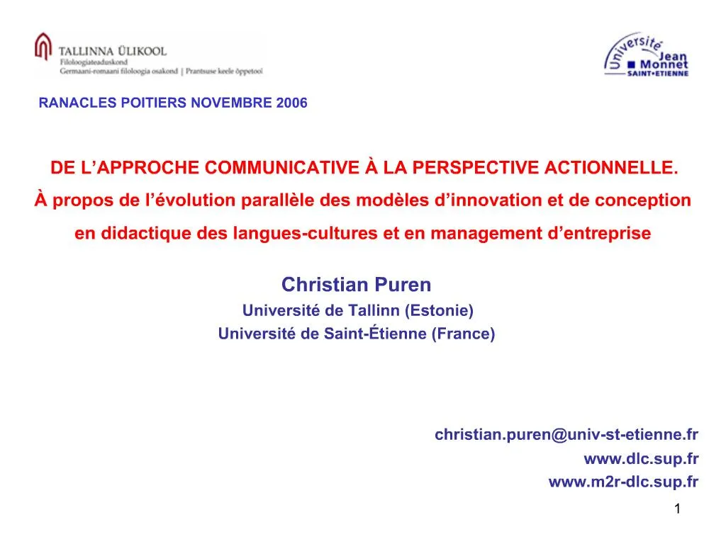 PPT - DE L APPROCHE COMMUNICATIVE LA PERSPECTIVE ACTIONNELLE. propos de l volution parall le des ...