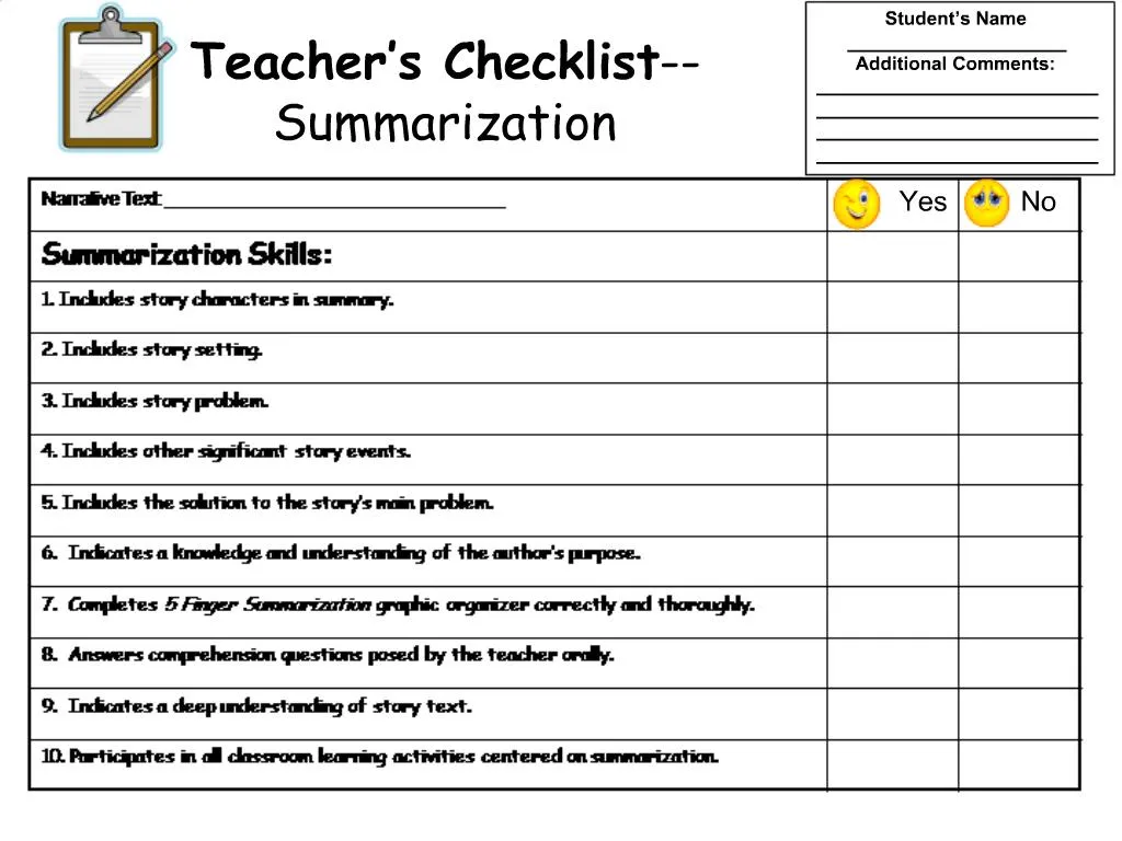 PPT - Teacher s Checklist-- Summarization PowerPoint Presentation, free ...