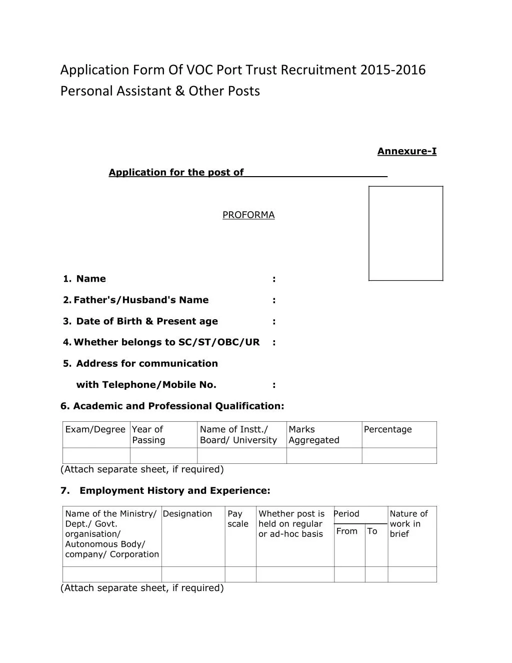 PPT - Application Form of VOC Port Trust Recruitment 2015-2016 Personal ...