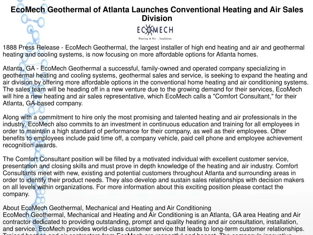 PPT - EcoMech Geothermal of Atlanta Launches Conventional Heating and ...