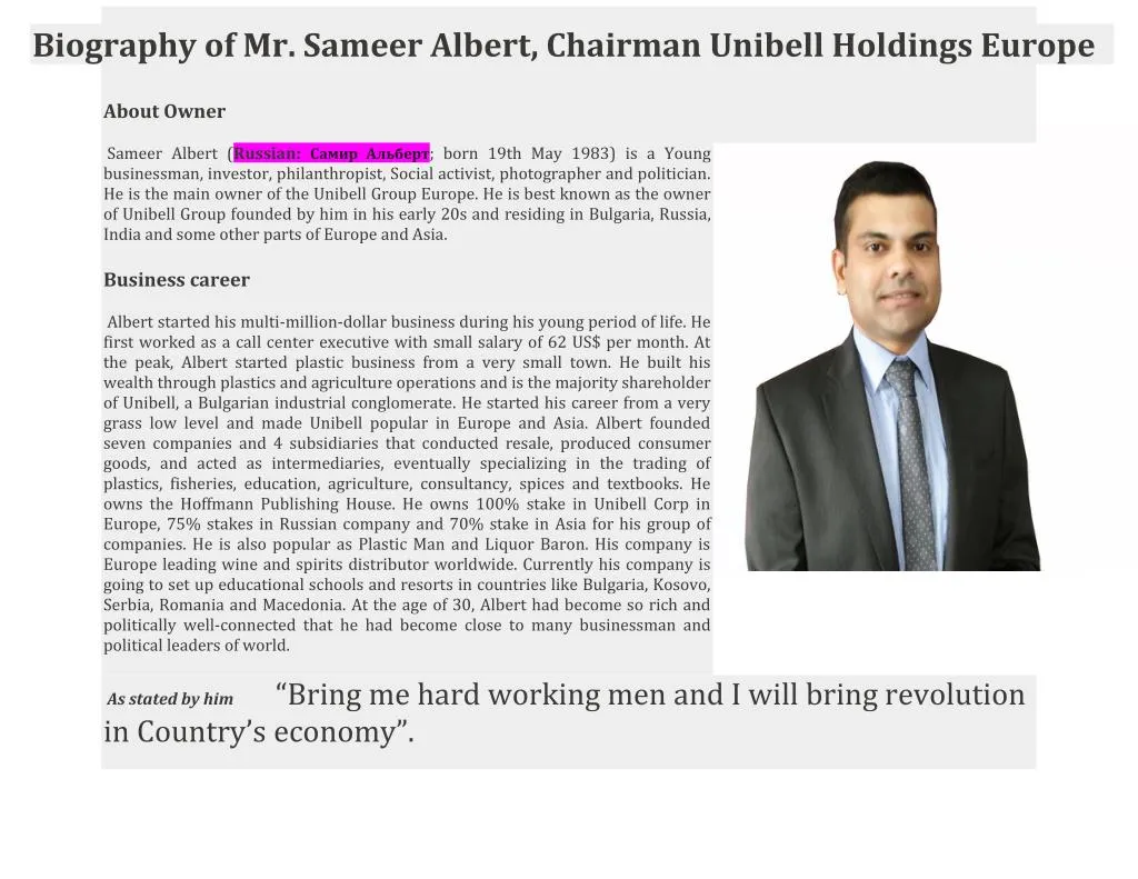 PPT - Biography of Sameer Albert,Chairman Unibell Holdings Europe ...