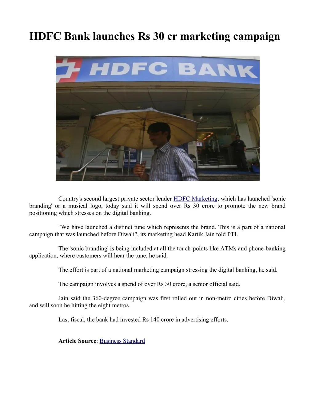 PPT - HDFC Bank launches Rs 30 cr marketing campaign PowerPoint ...