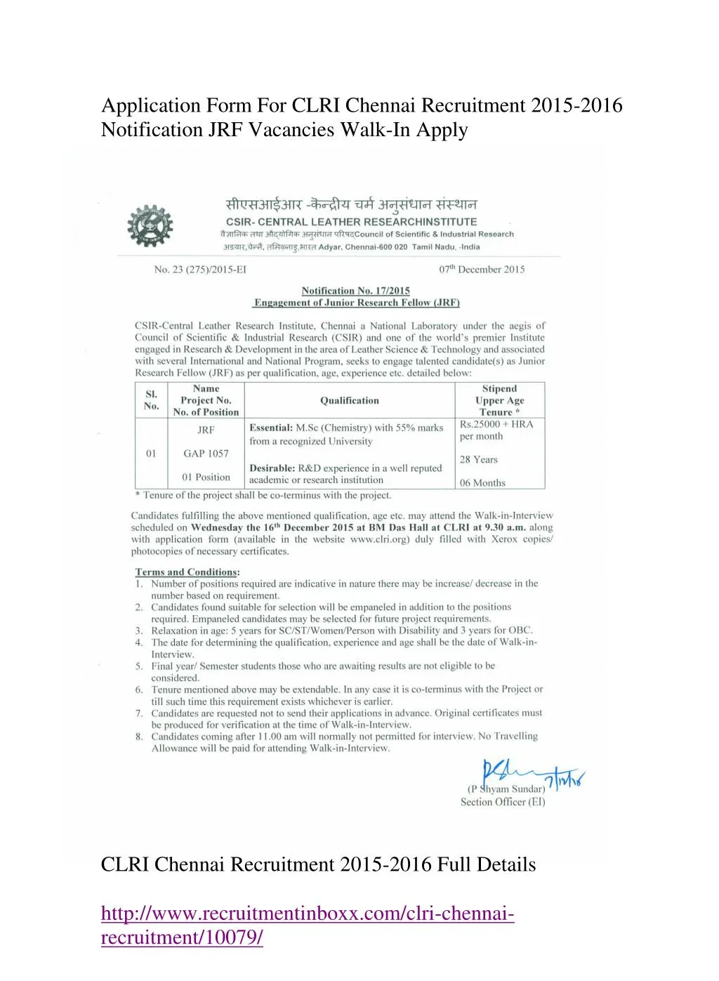 PPT - Application Form for CLRI Chennai Recruitment 2015-2016 ...