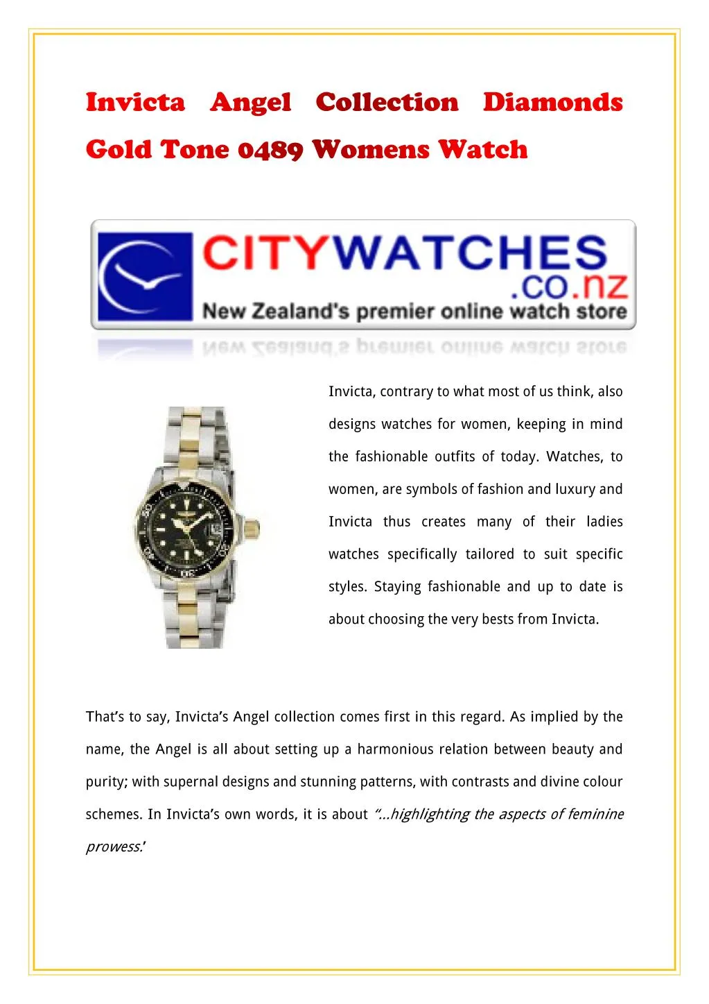 PPT - Invicta Angel Collection Diamonds Gold Tone 0489 Womens Watch ...