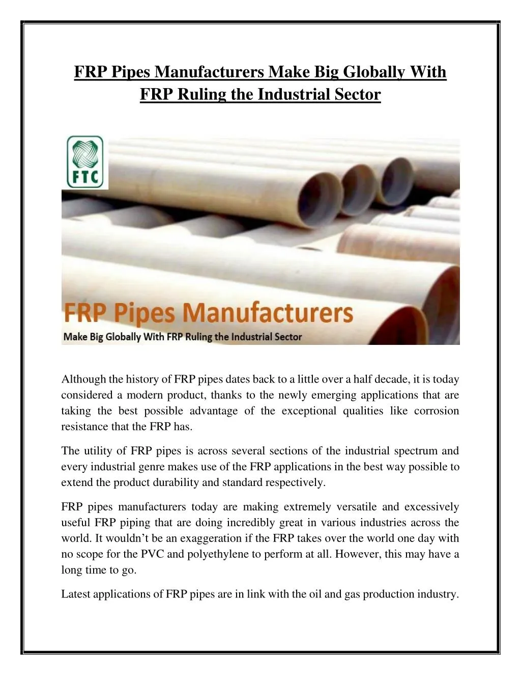 PPT - FRP Pipes Manufacturers Make Big Globally With FRP Ruling the ...