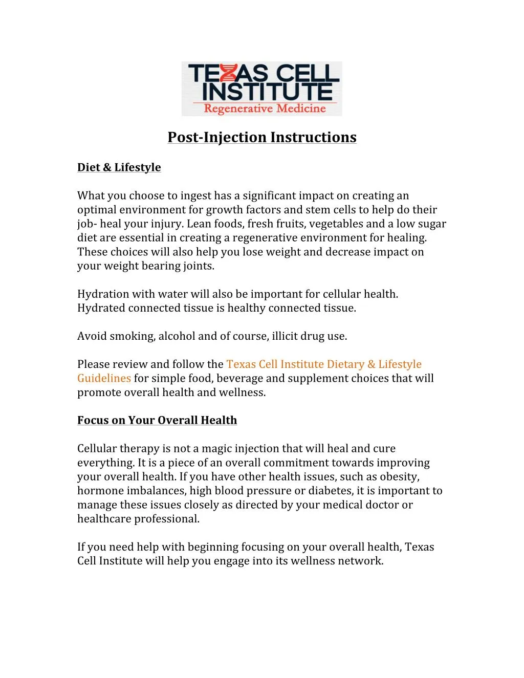 PPT - Post Injection Instructions at Texas Cell Institute PowerPoint ...