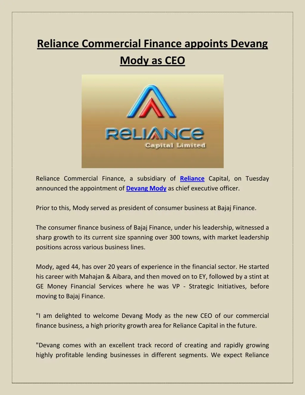 PPT - Reliance Commercial Finance appoints Devang Mody as CEO ... PPT - Reliance Commercial Finance appoints Devang Mody as CEO ...