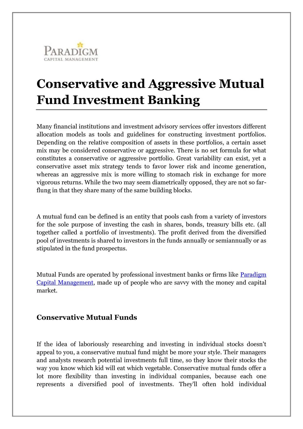 PPT - Conservative and Aggressive Mutual Fund Investment Banking ...