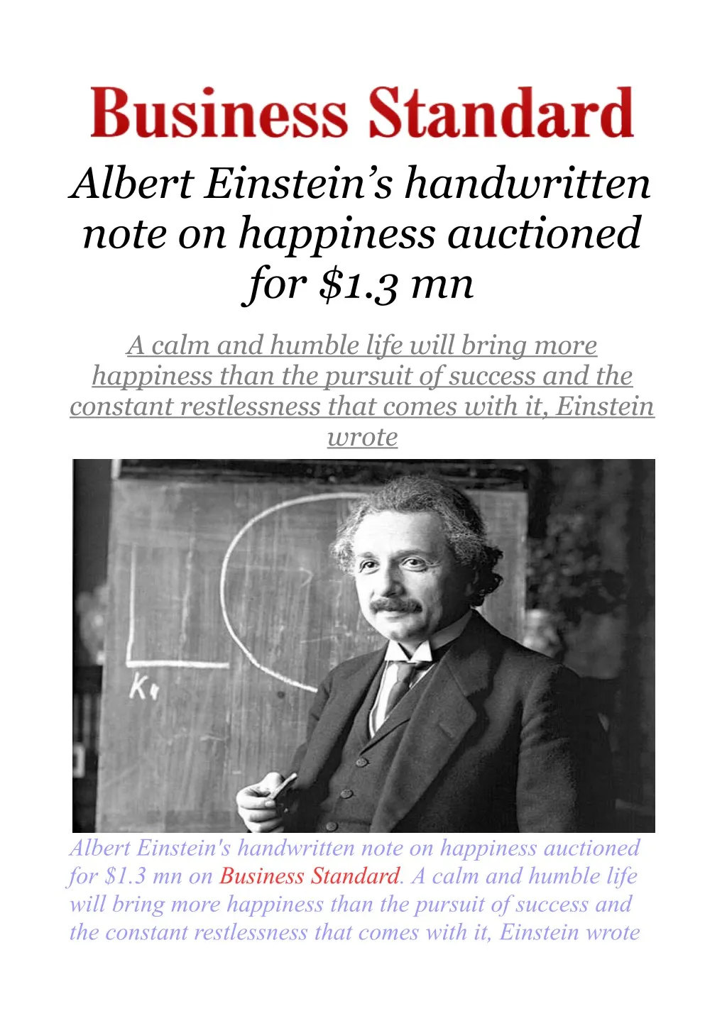 PPT - Albert Einstein's handwritten note on happiness auctioned for $1. ...