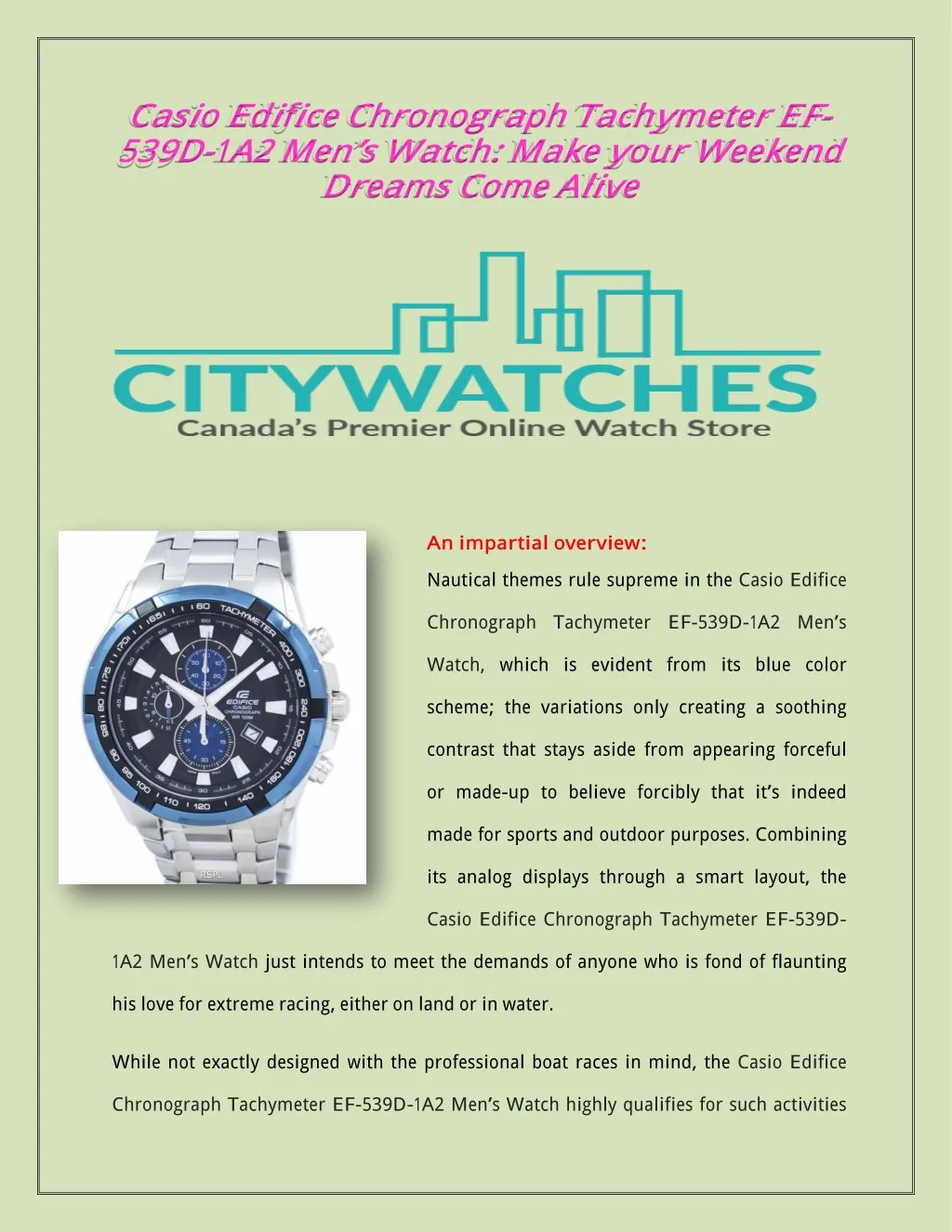 PPT - Casio Edifice Chronograph Tachymeter EF-539D-1A2 Menâ€™s Watch ...