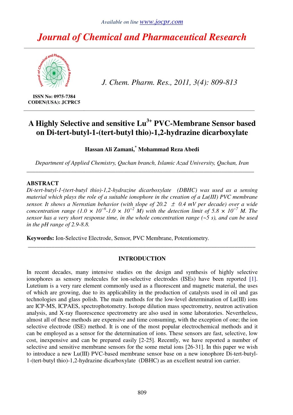 PPT - A Highly Selective and sensitive Lu3 PVC-Membrane Sensor based on ...