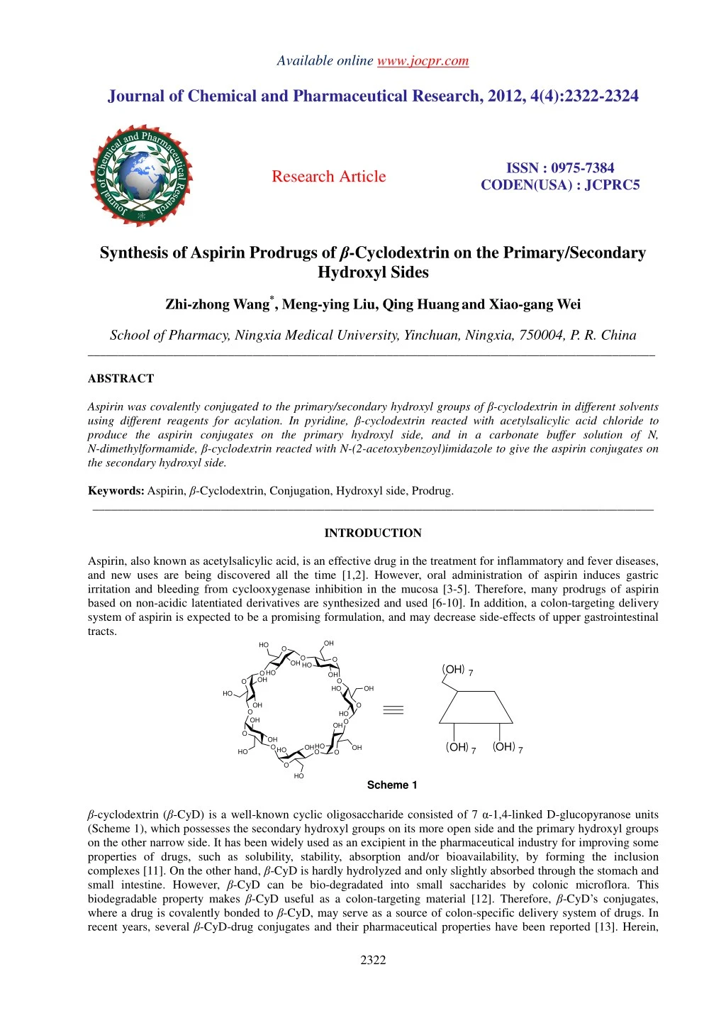 PPT - Synthesis of Aspirin Prodrugs of Î²-Cyclodextrin on the Primary ...