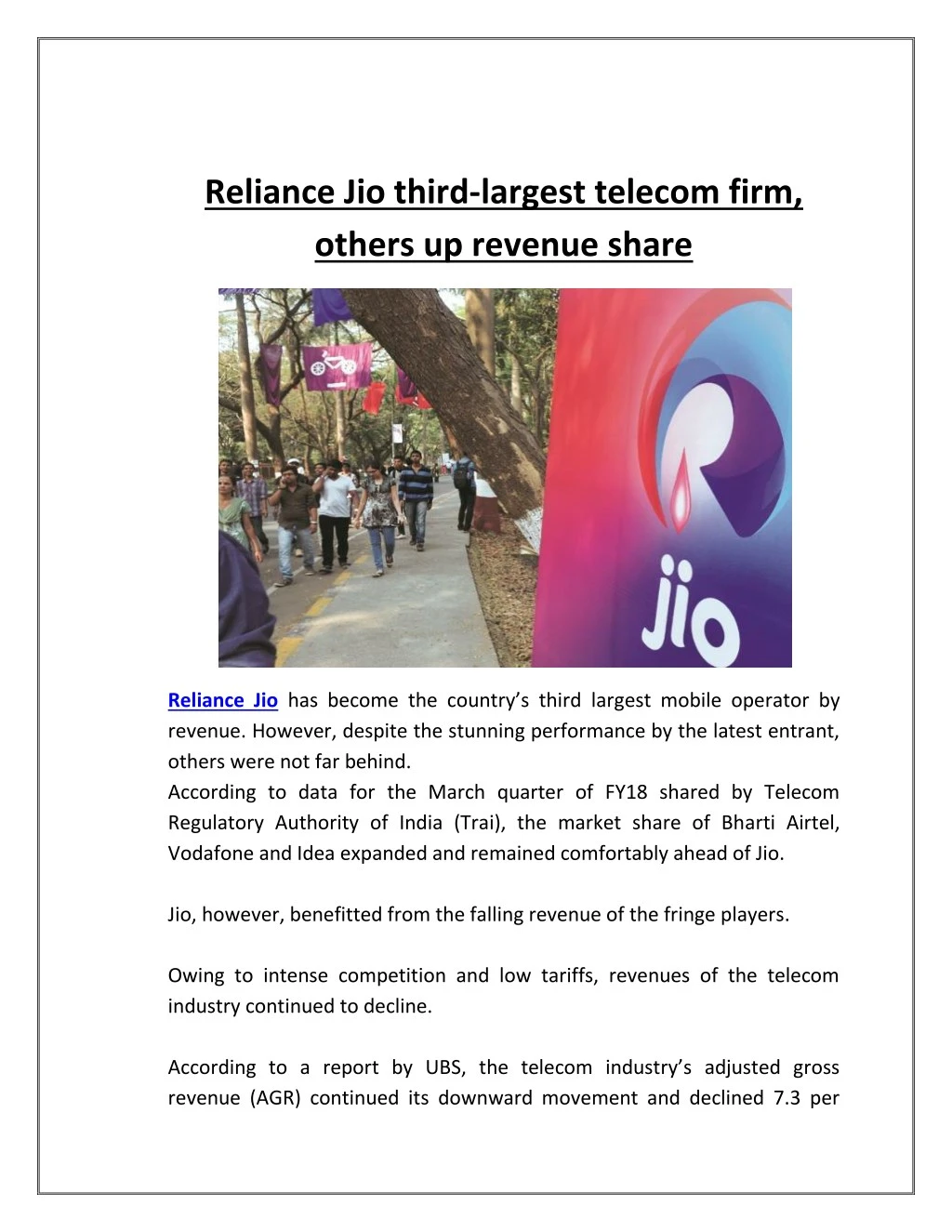 PPT - Reliance Jio Third-largest Telecom Firm, Others Up Revenue Share ...