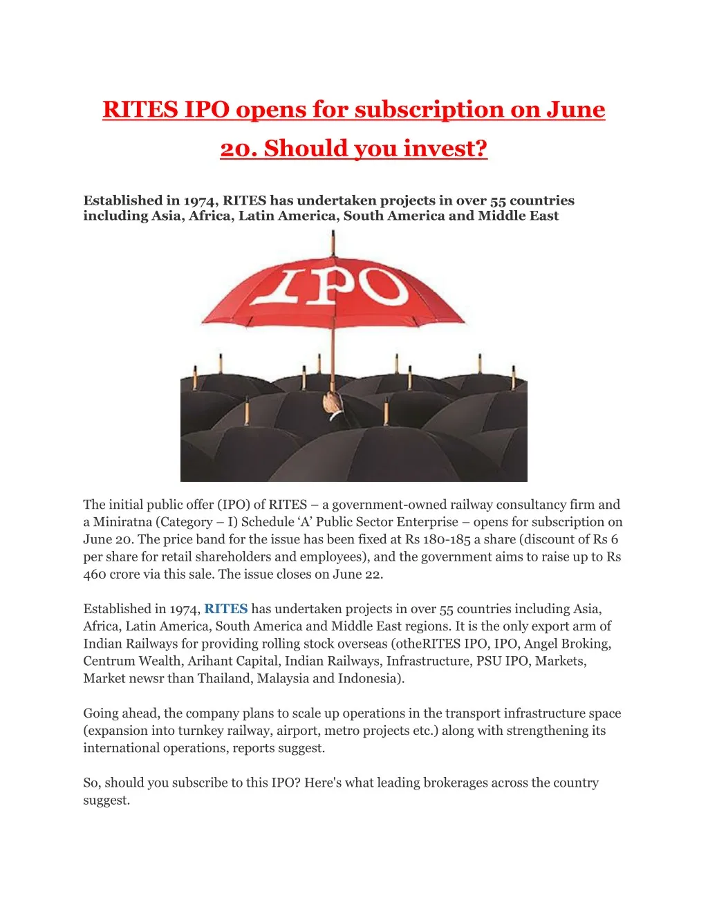 PPT - RITES IPO opens for subscription on June 20. Should you invest ...
