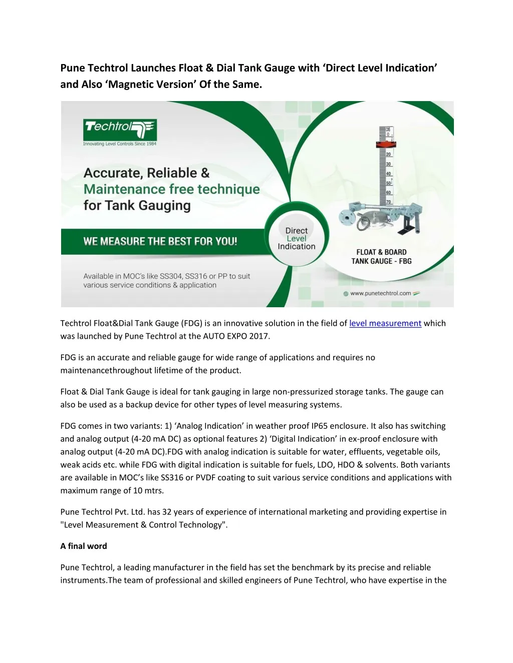 PPT - Pune Techtrol Launches Float & Dial Tank Gauge with â€˜Direct ...