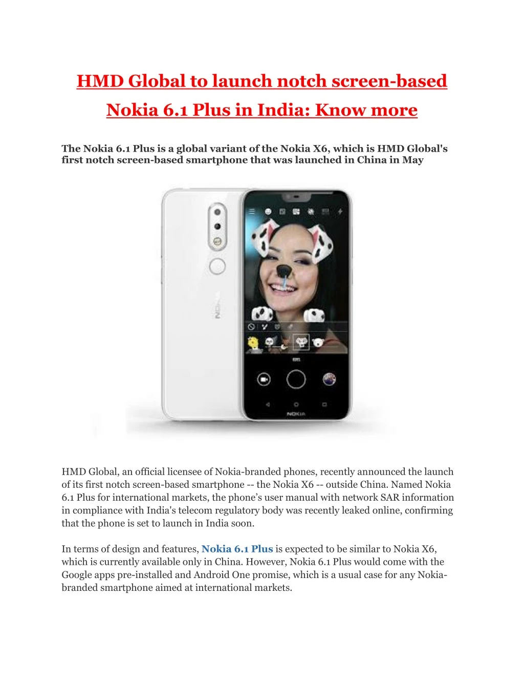 PPT - HMD Global to launch notch screen-based Nokia 6.1 Plus in India ...
