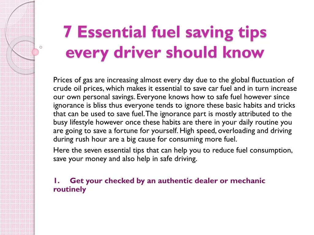 PPT - 7 Essential fuel saving tips every driver should know PowerPoint ...