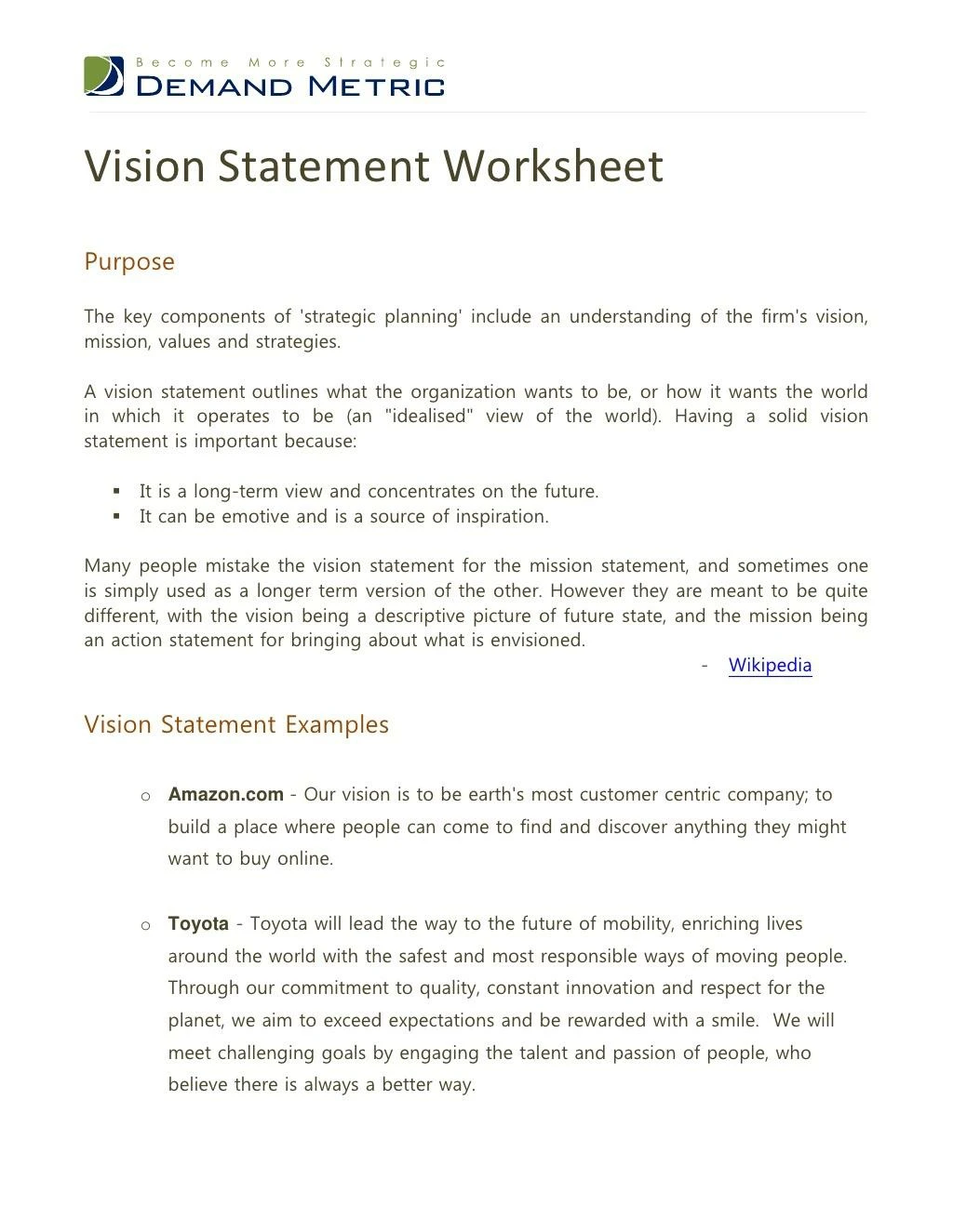 PPT - Vision Statement Worksheet PowerPoint Presentation, free download ...