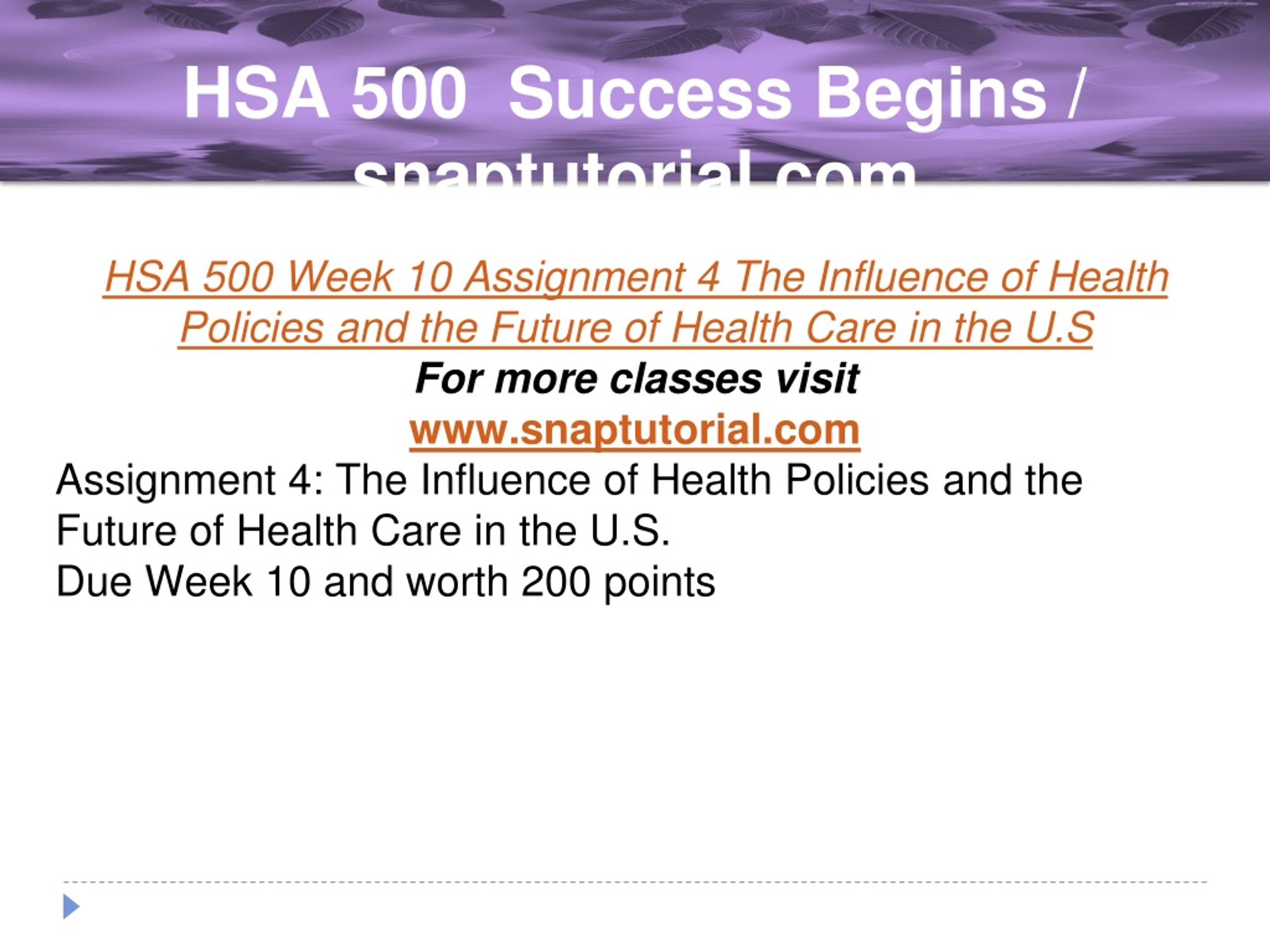 PPT - HSA 500 Success Begins / snaptutorial.com PowerPoint Presentation - ID:8440394
