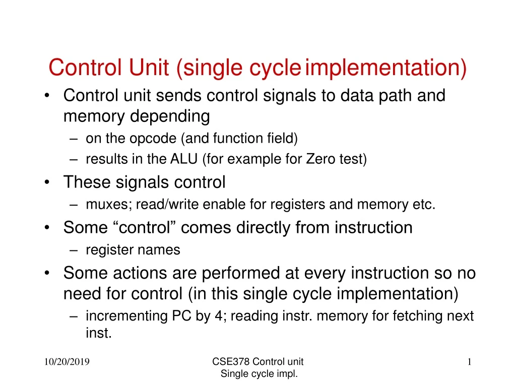 PPT - Control Unit (single cycle implementation) PowerPoint ...