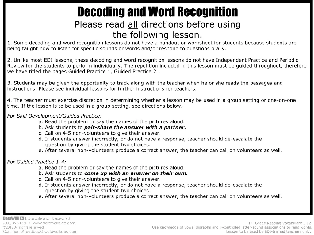 PPT - Decoding and Word Recognition Please read all directions before ...