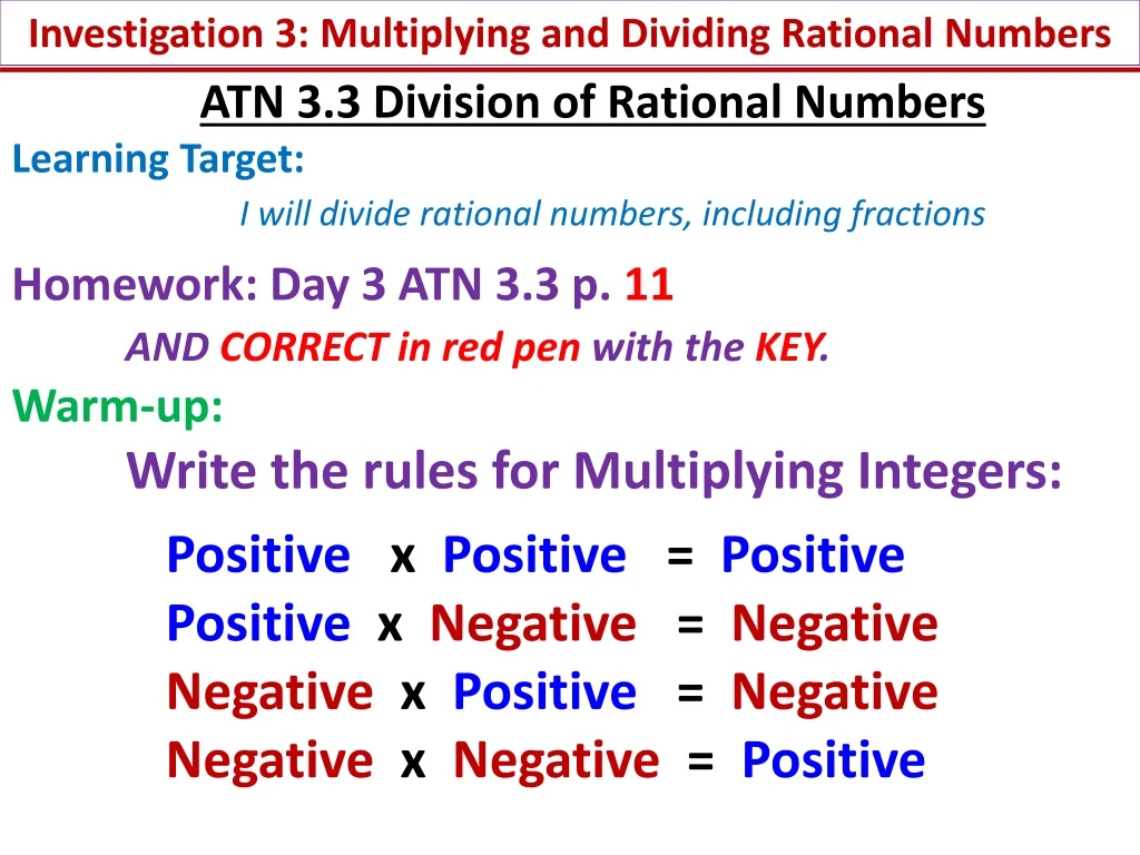 PPT - Investigation 3: Multiplying and Dividing Rational Numbers ...