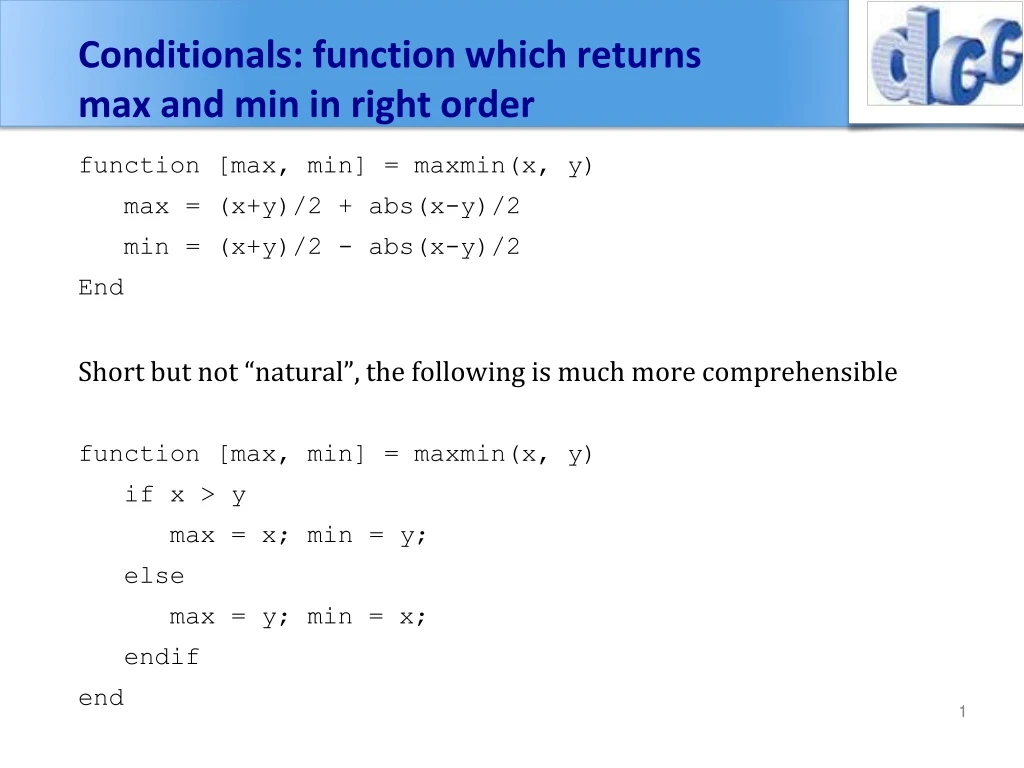 PPT - Conditionals : function which returns max and min in right order ...