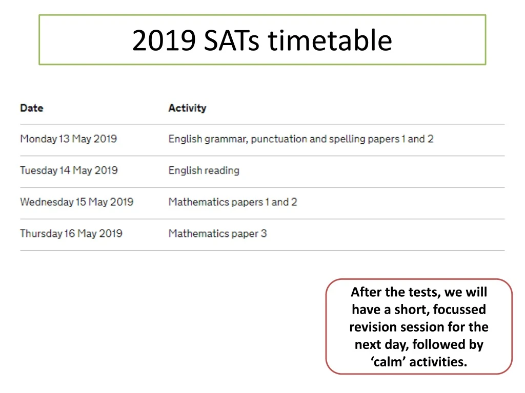 PPT - 2019 SATs timetable PowerPoint Presentation, free download - ID ...