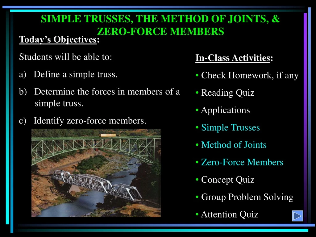 PPT - SIMPLE TRUSSES, THE METHOD OF JOINTS, & ZERO-FORCE MEMBERS ...