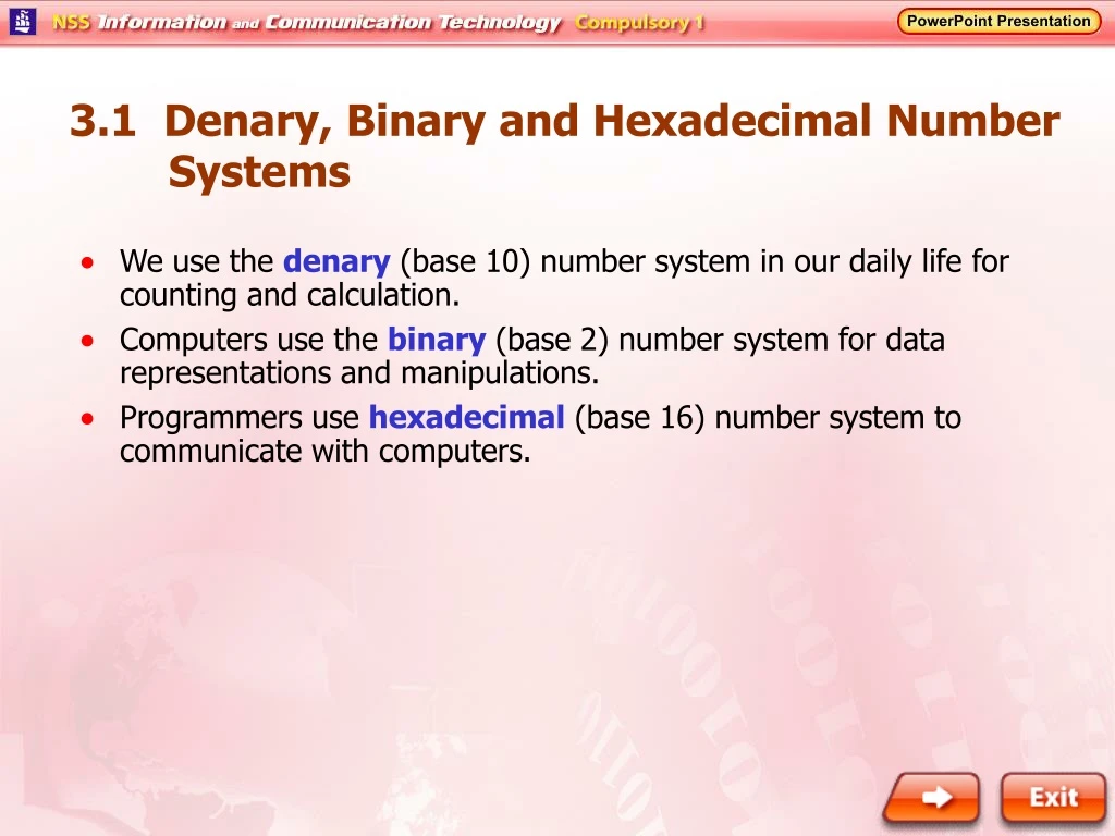PPT - 3.1 Denary, Binary and Hexadecimal Number Systems PowerPoint ...