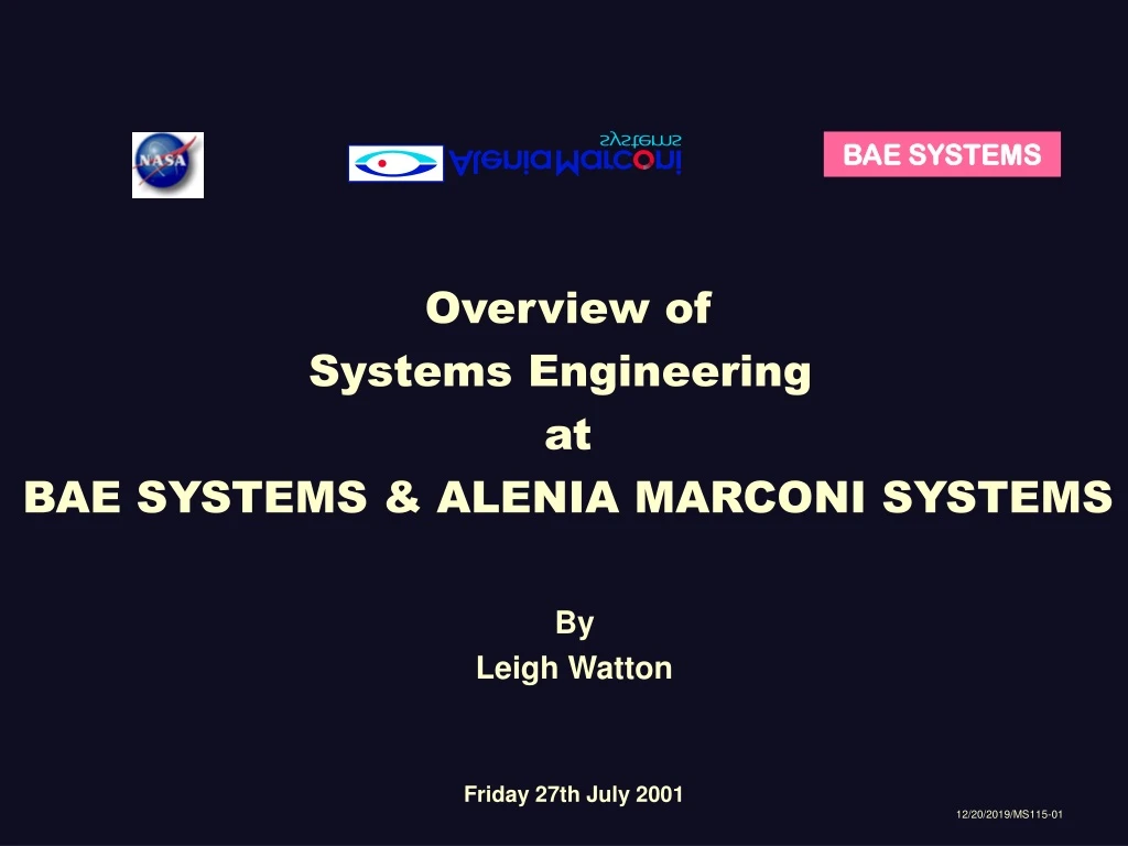 PPT - Overview of Systems Engineering at BAE SYSTEMS & ALENIA MARCONI ...