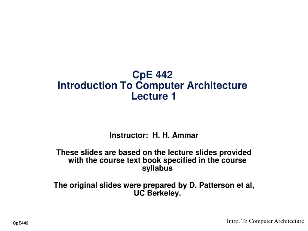 PPT - CpE 442 Introduction To Computer Architecture Lecture 1 ...