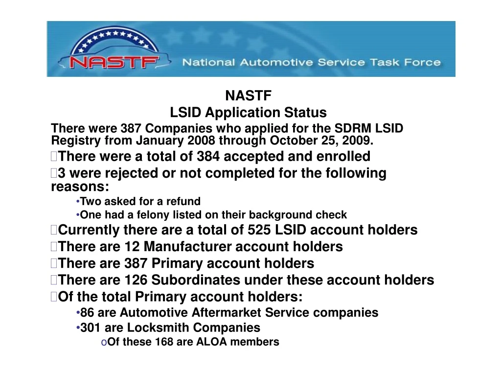 PPT - NASTF LSID Application Status PowerPoint Presentation, free ...